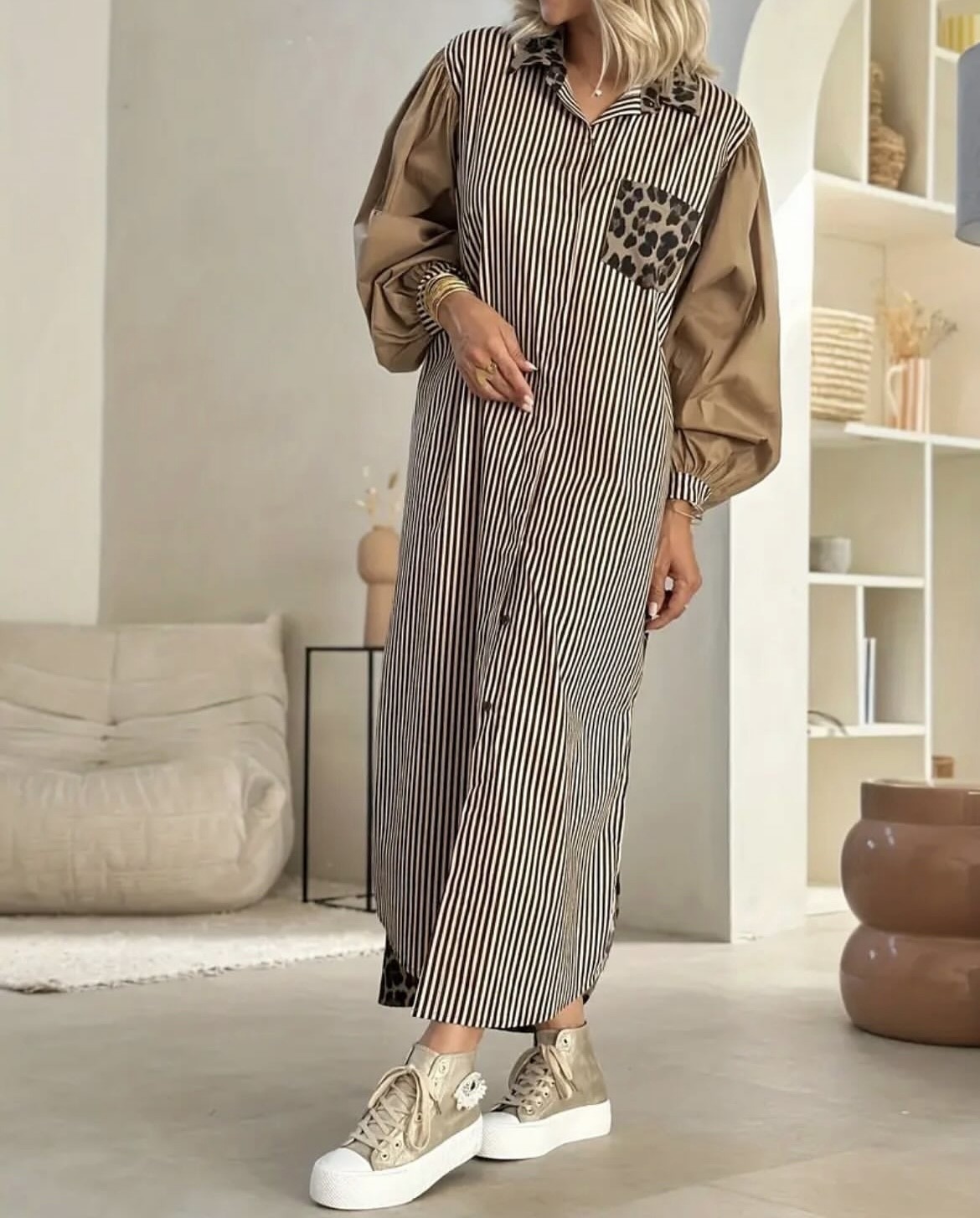 Striped Leopard Print Maxi Dress - Brown - Wild Arrow Boutique Mackay